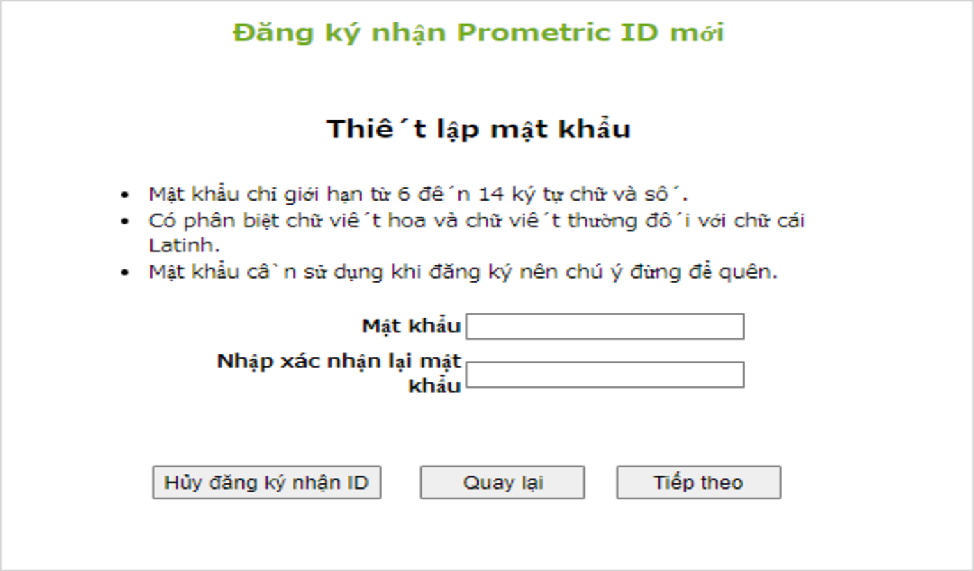 Thủ tục tạo/đặt ID | Thông tin kỳ thi | Kiểm tra kỹ năng cụ thể | Prometric